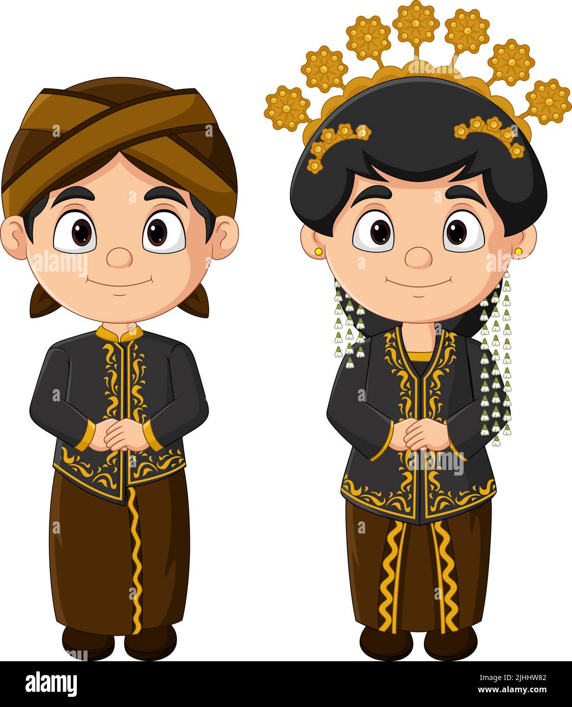 Cartoon Indonesian couple wearing Javanese traditional clothes Stock ...