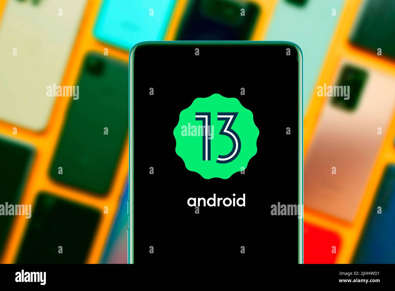 Smart phone with android 13 logo. google operating system. United ...