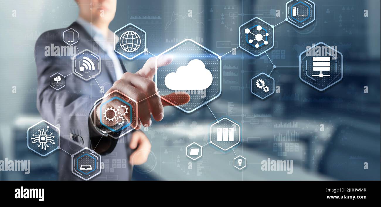 Man clicks icon Cloud Computing Technology Internet Storage Network ...