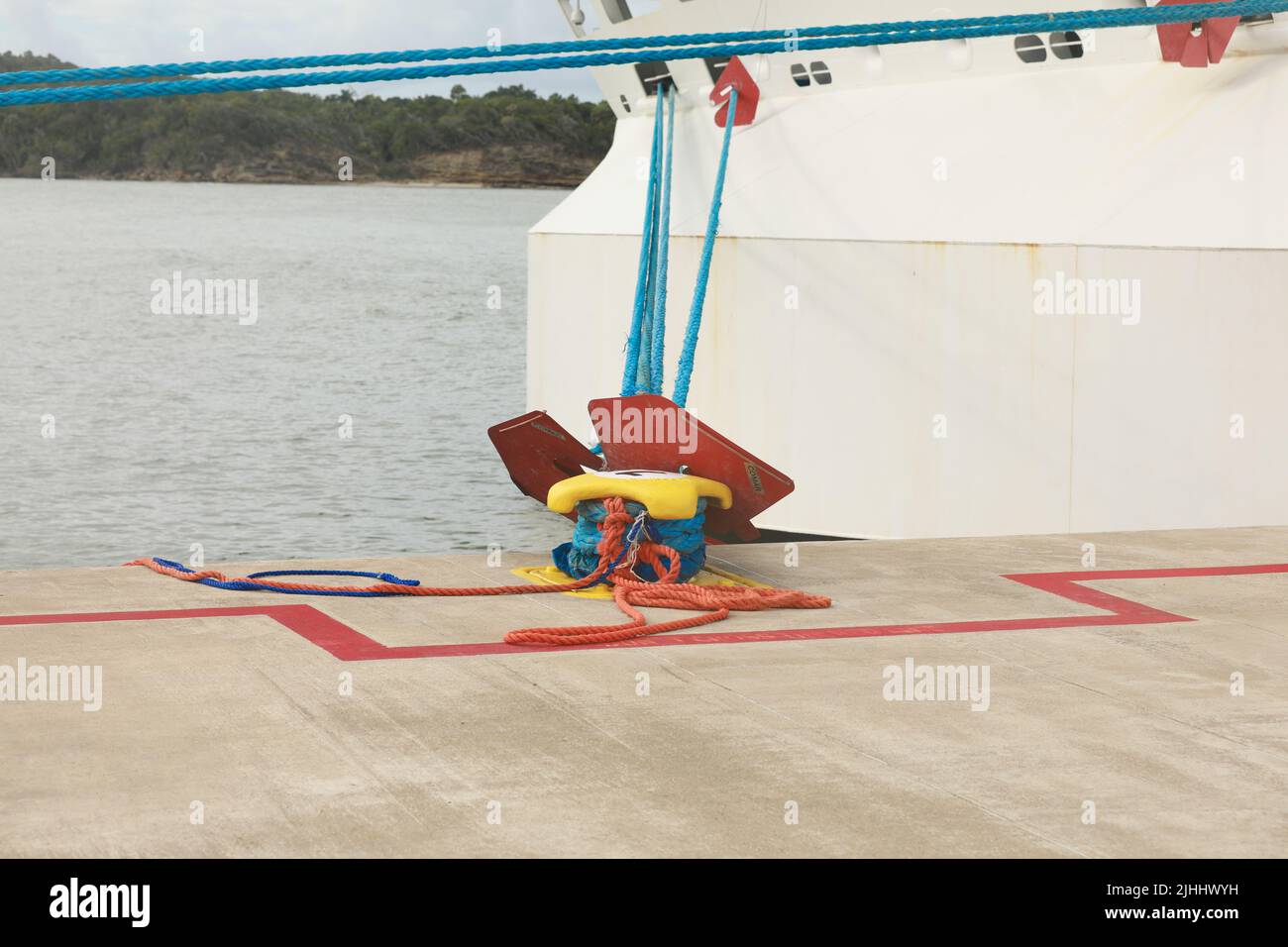 Ships mooring ropes, view from the bollard, wit a focus on a front ...