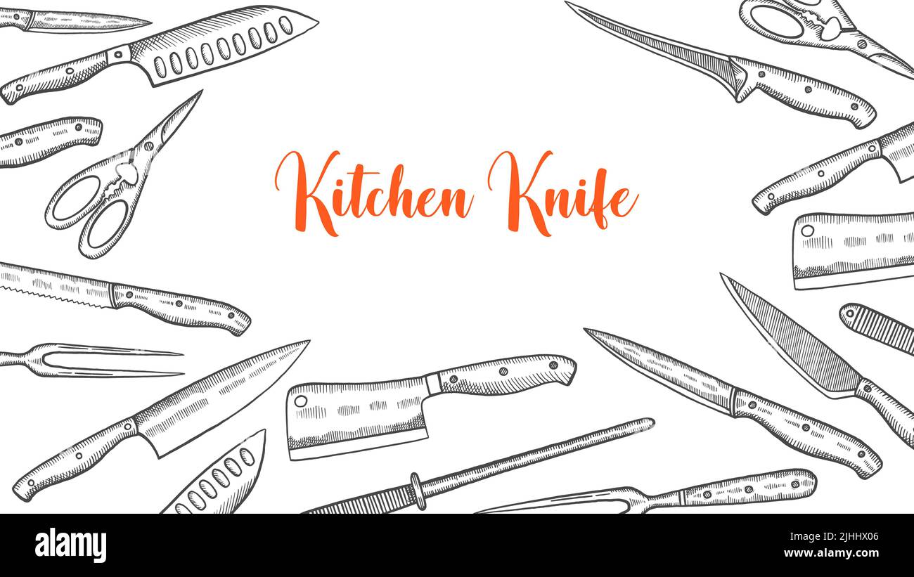 kitchen knife set collection with hand drawn sketch for background ...