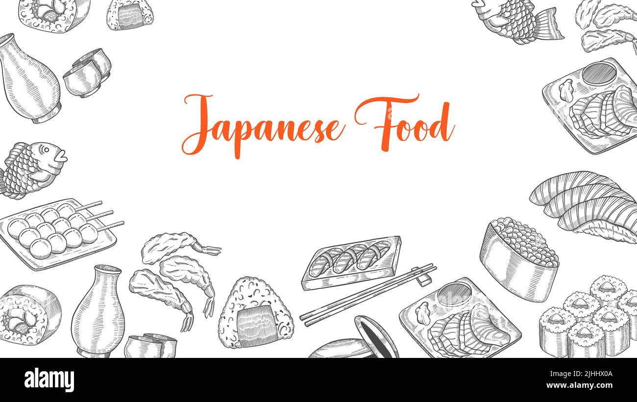 Japan food set collection with hand drawn sketch for background banner ...
