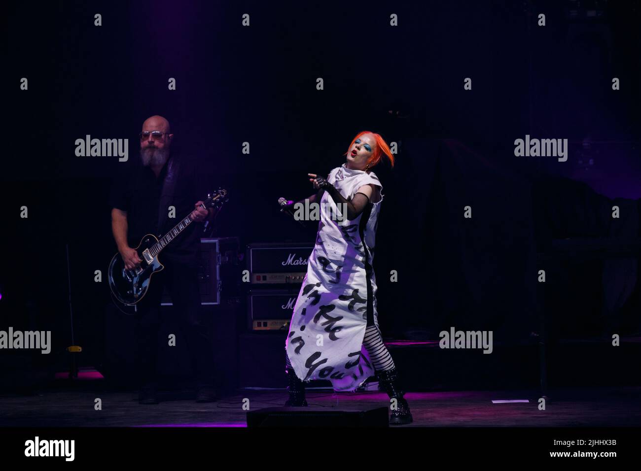 Shirley Manson, lead singer of alternative band Garbage, wearing a wrap ...