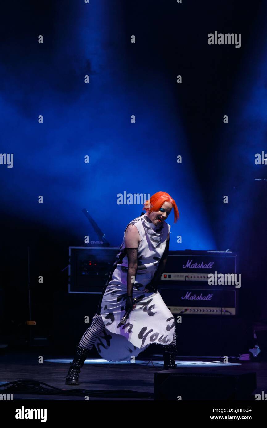 Shirley Manson, lead singer of alternative band Garbage, wearing a wrap ...