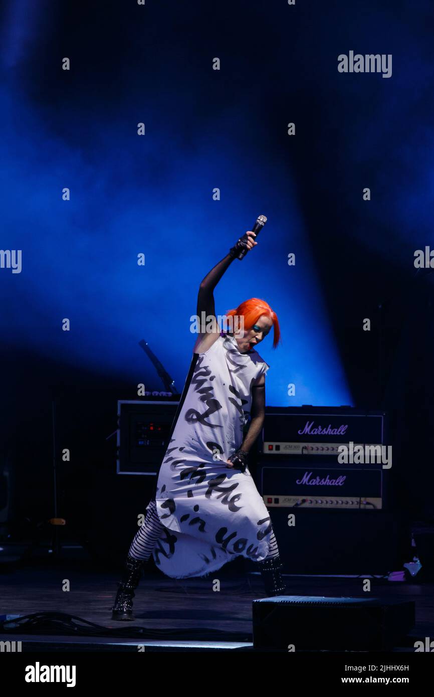 Shirley Manson, lead singer of alternative band Garbage, wearing a wrap ...