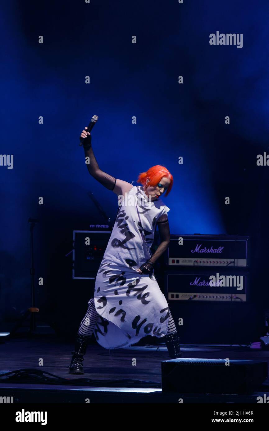 Shirley Manson, lead singer of alternative band Garbage, wearing a wrap ...