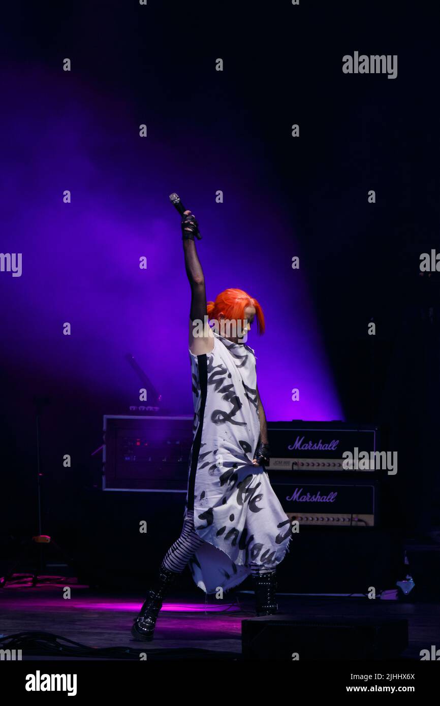 Shirley Manson, lead singer of alternative band Garbage, wearing a wrap ...