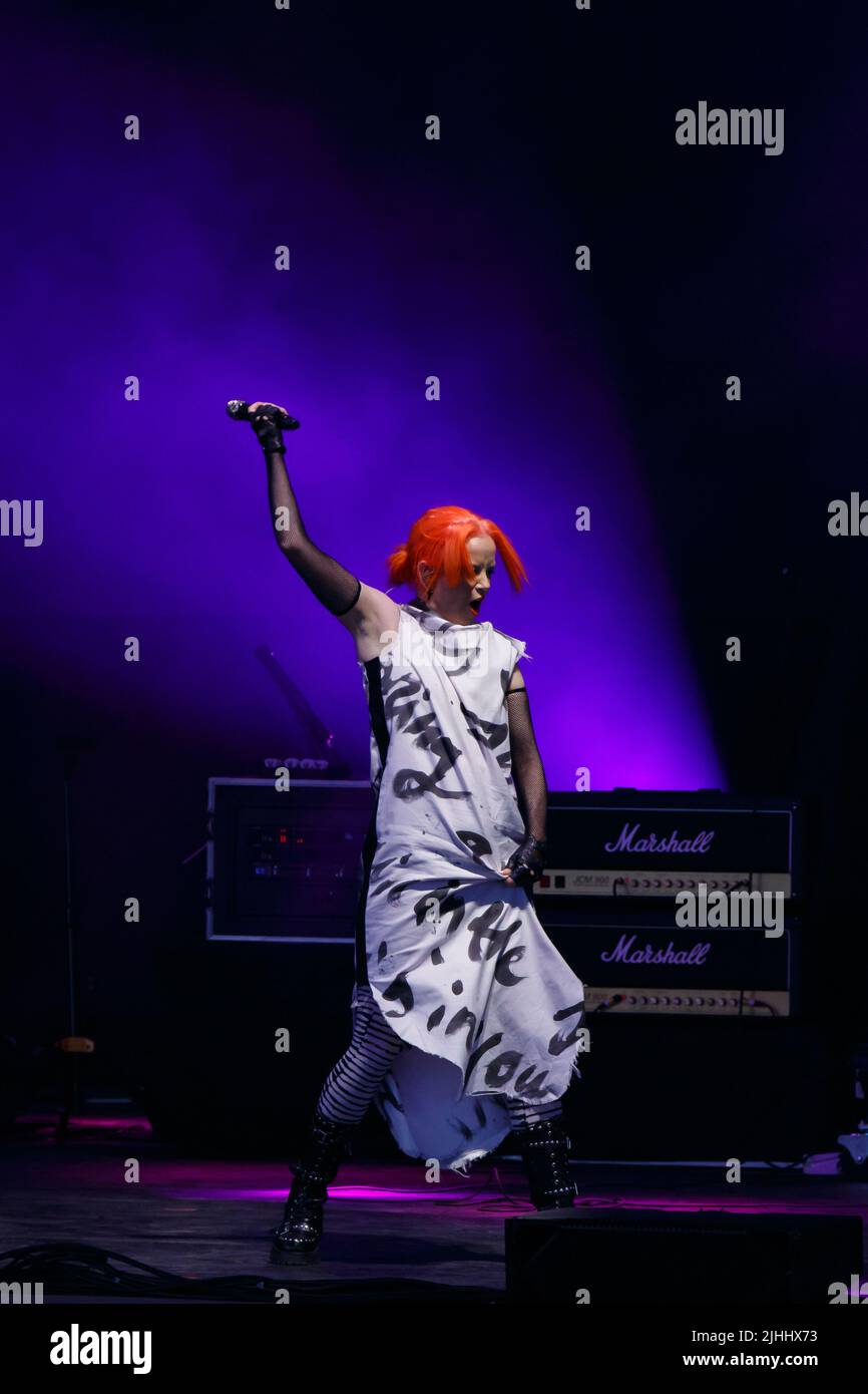 Shirley Manson, lead singer of alternative band Garbage, wearing a wrap ...