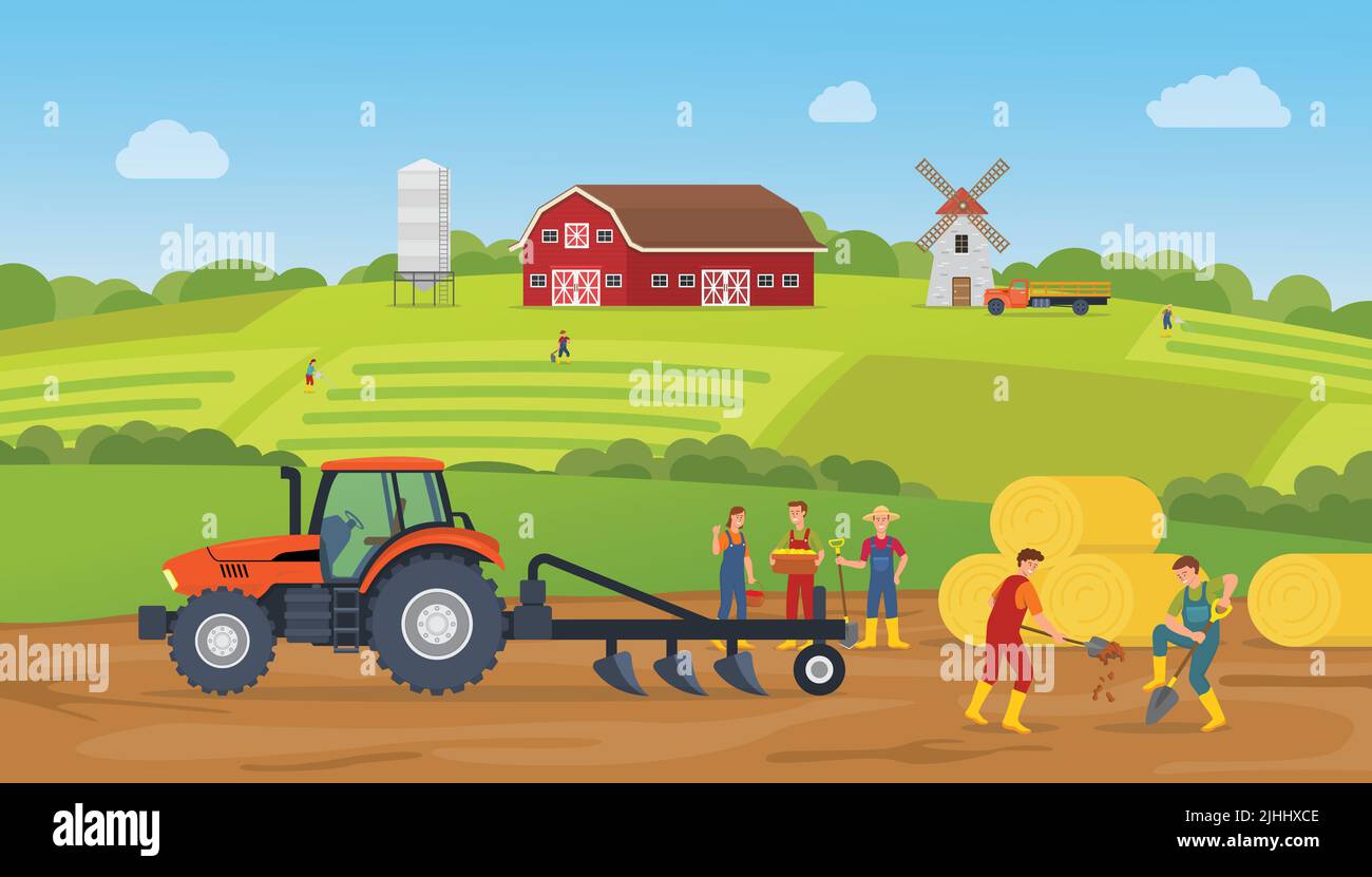 farm land scenery landscape with farmer and farming village with modern ...