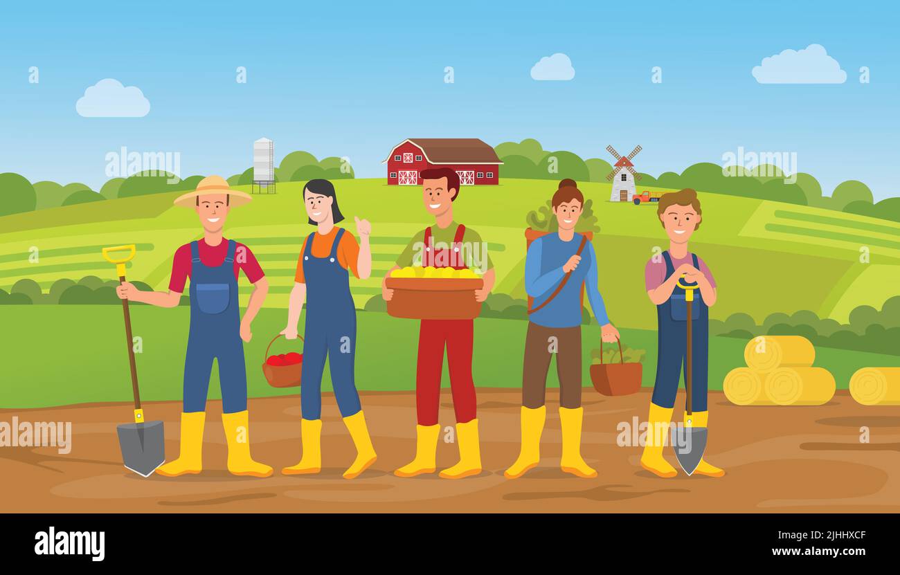 farmer people character team man and woman with farm land landscape ...