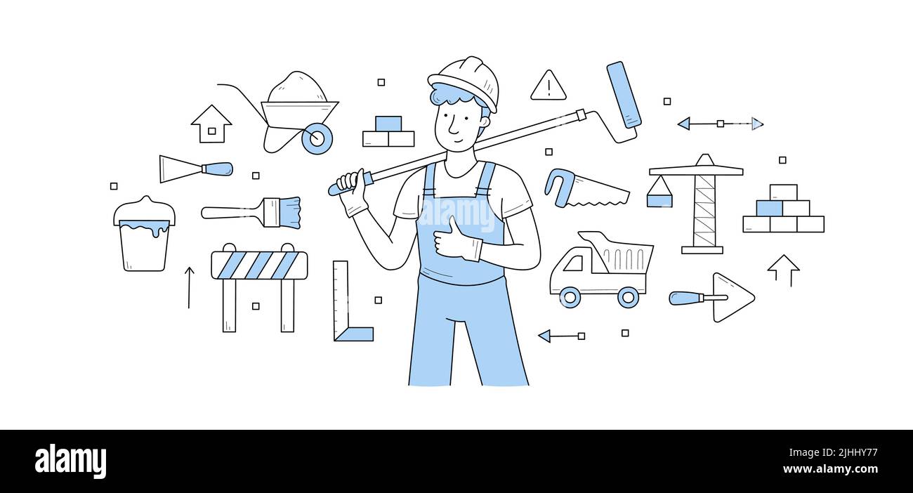 Construction and building doodle concept. Repair service worker in ...