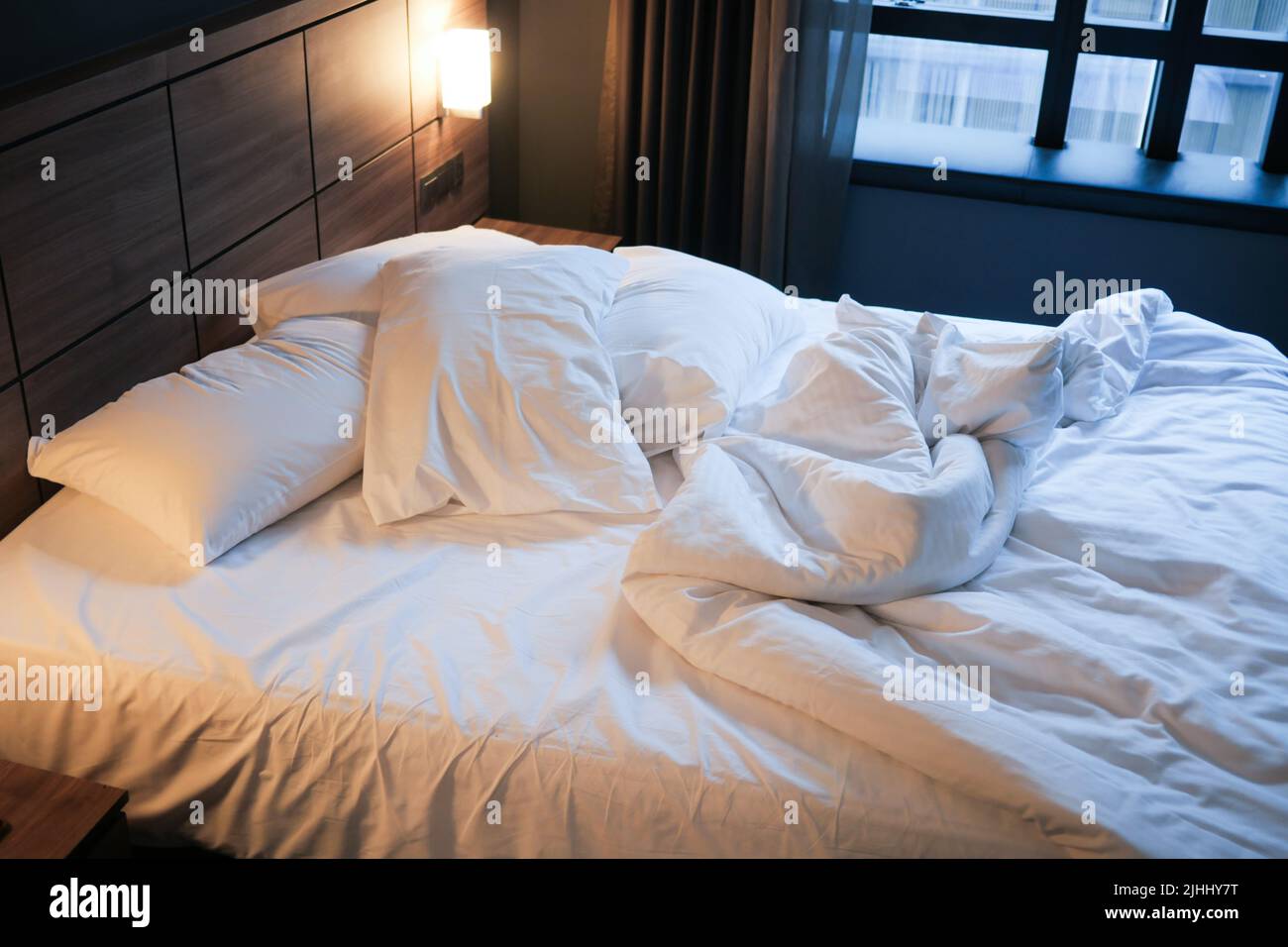 messy bed in early morning , messy bed after waking up Stock Photo - Alamy