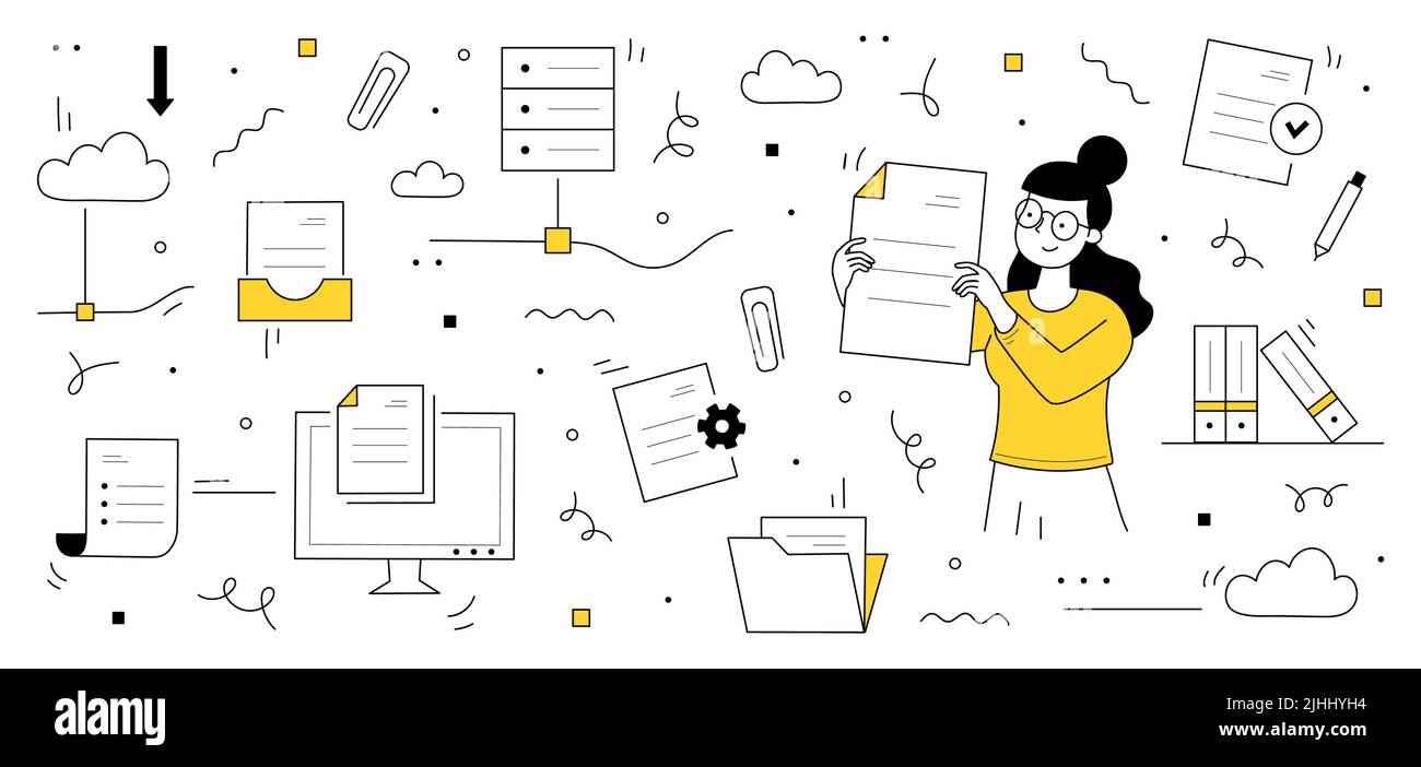 Woman with paper files in office Stock Vector Images - Alamy