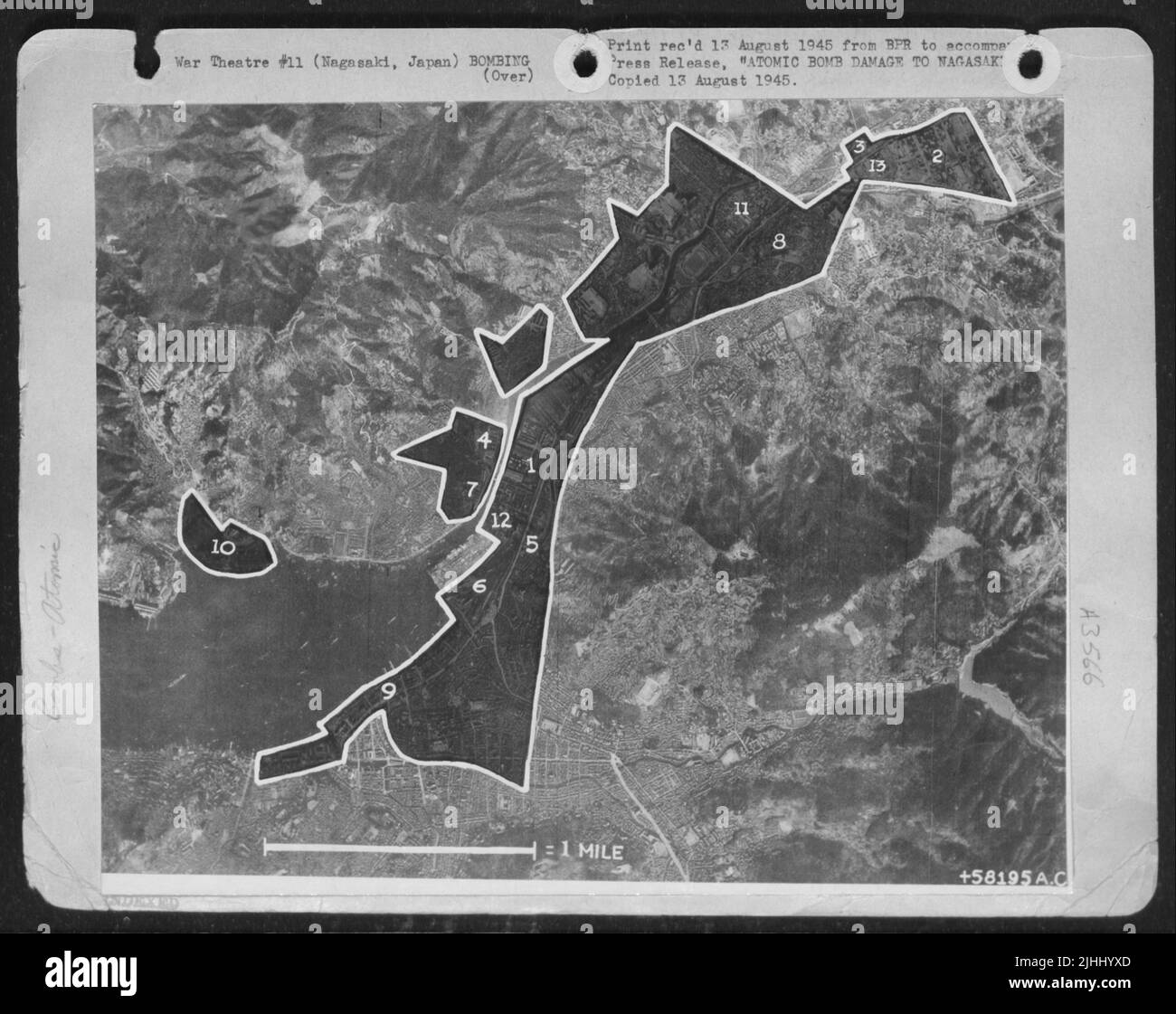 Atomic Bomb Damage To Nagasaki - Shaded Areas On This Aerial Photograph ...