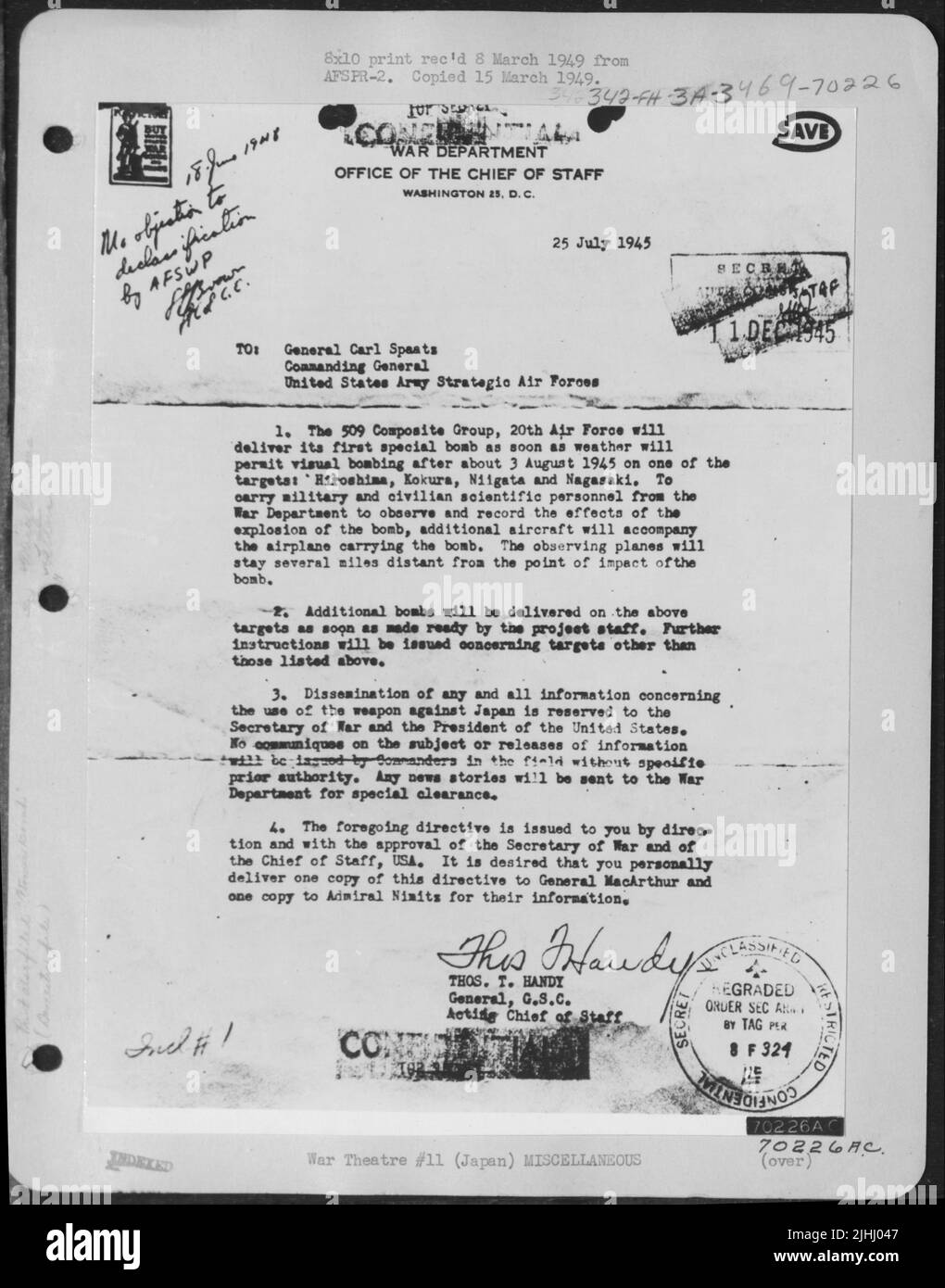 Letter Received From General Thomas T. Handy To General Carl Spaatz ...