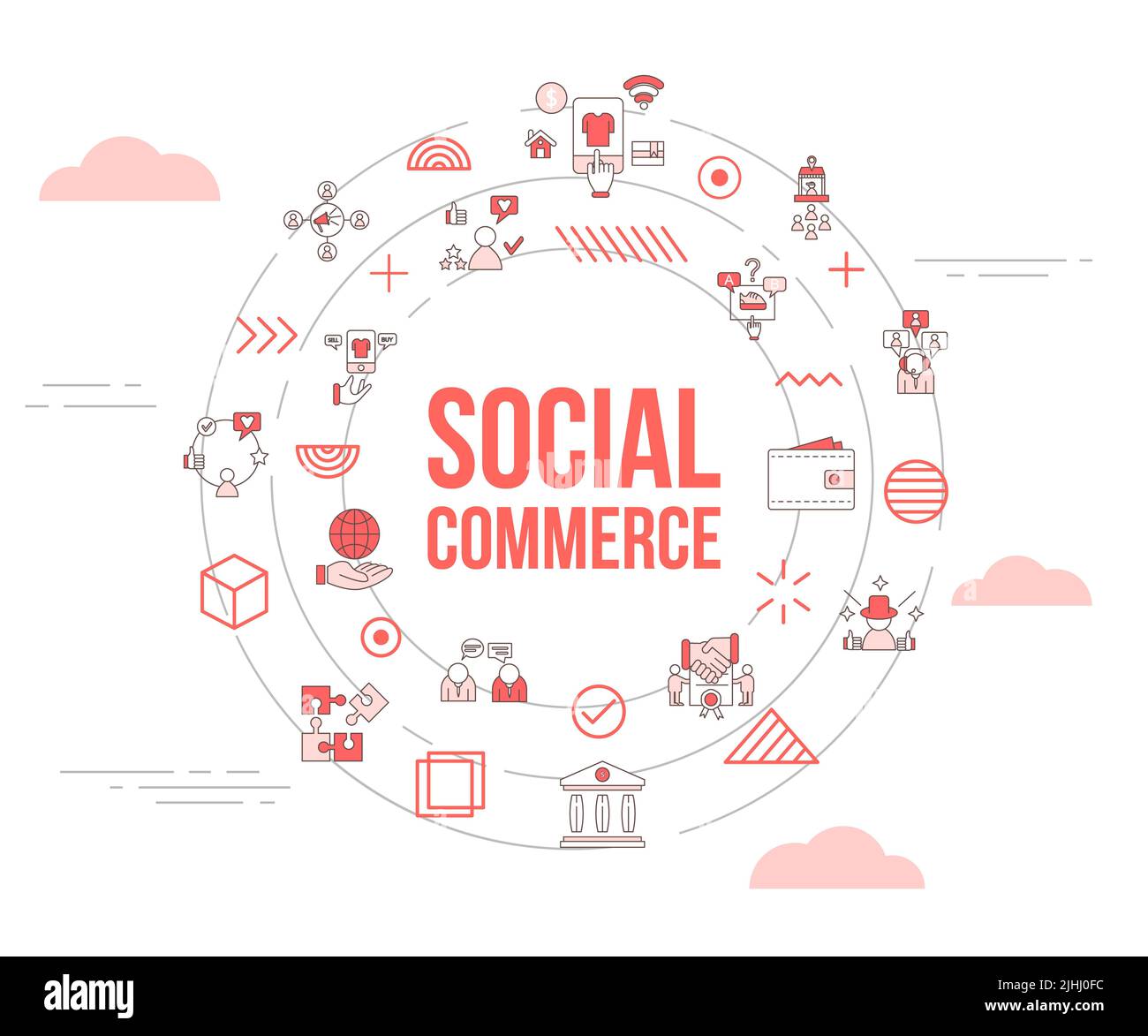 social commerce concept with icon set template banner and circle round ...