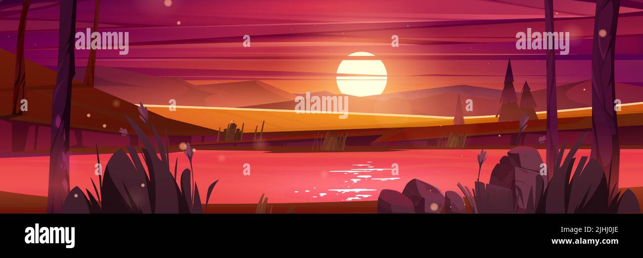 Sunset nature landscape, cartoon background trees and river at evening ...