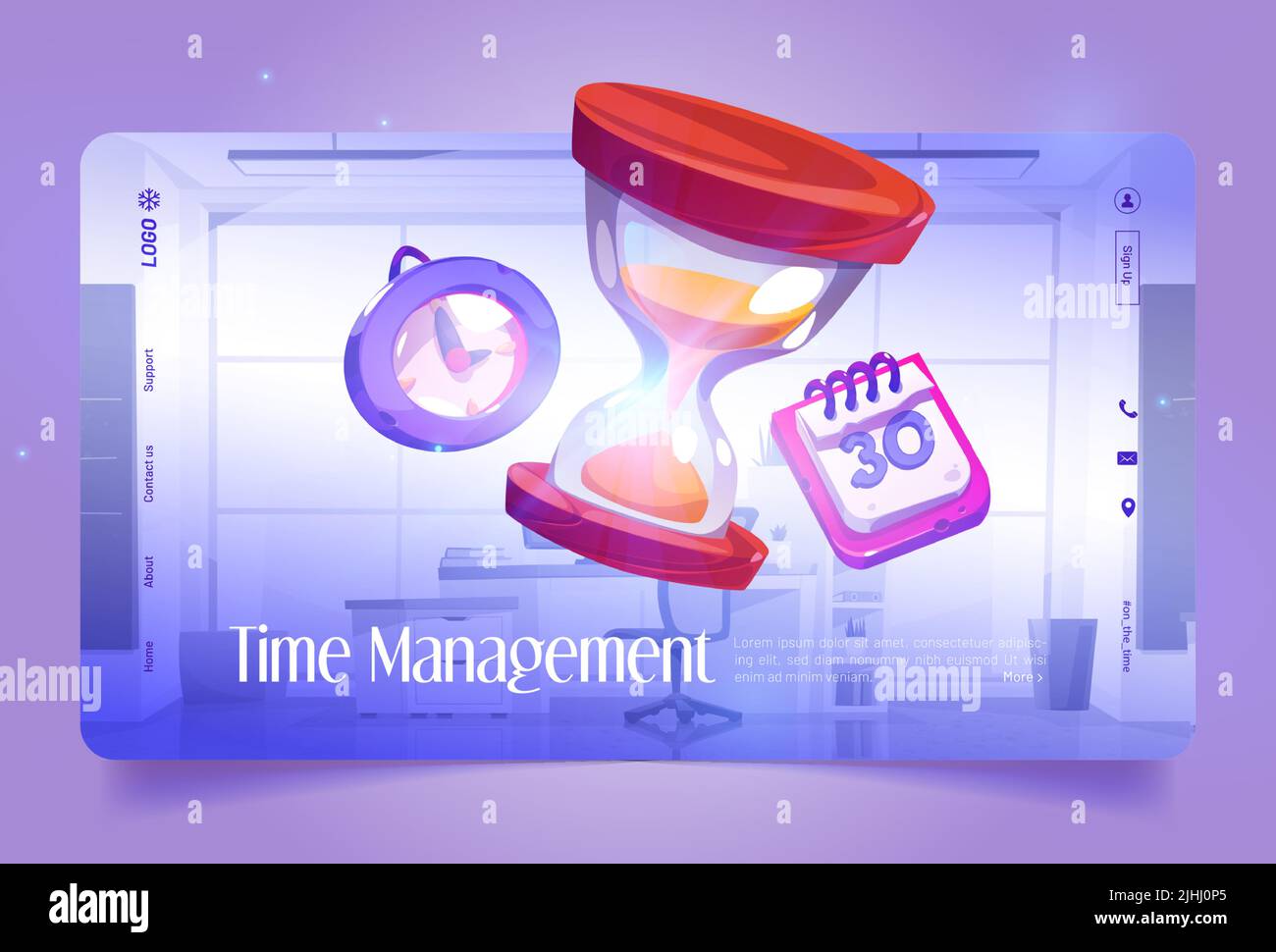 Time management banner with hourglass, calendar and clock icons on ...