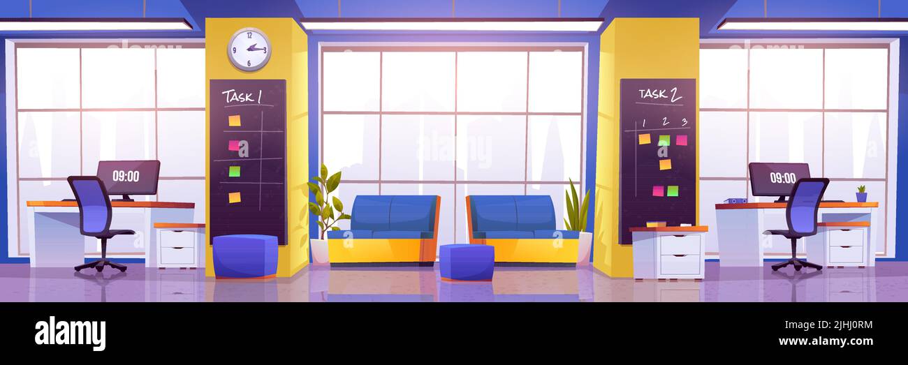 Modern coworking office interior with tables with desktop computers ...