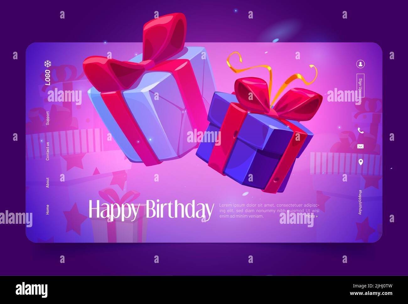 Happy birthday cartoon landing page with wrapped gift boxes, festive ...