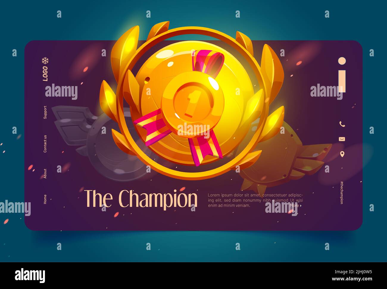 The champion landing page with golden trophy, medal for first place ...