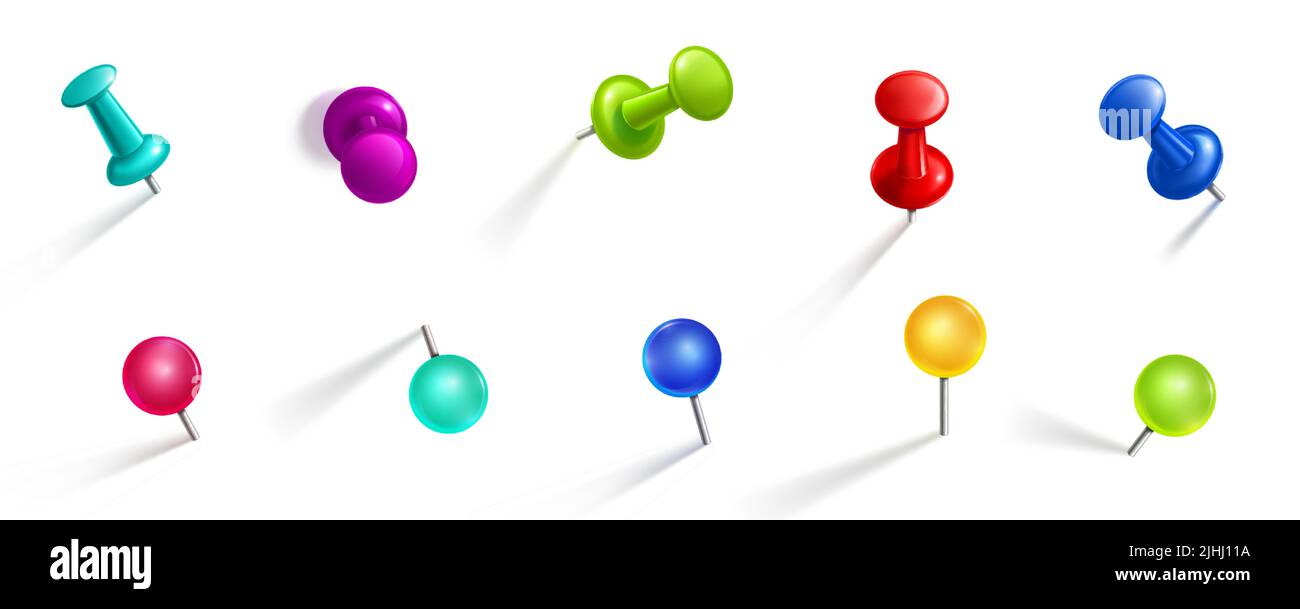 Push pins, color round pushpin and thumbtacks in different positions ...