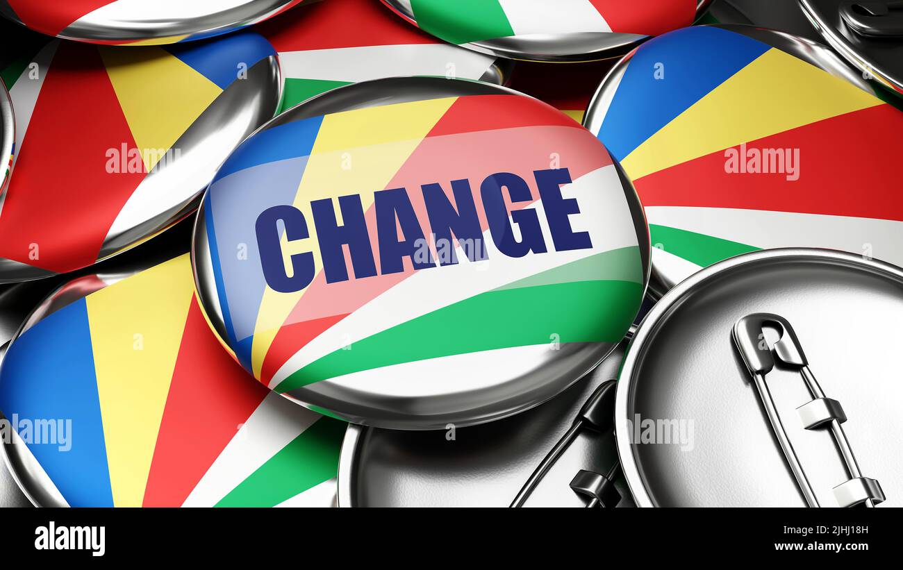 Change in Seychelles - national flag of Seychelles on dozens of pinback ...