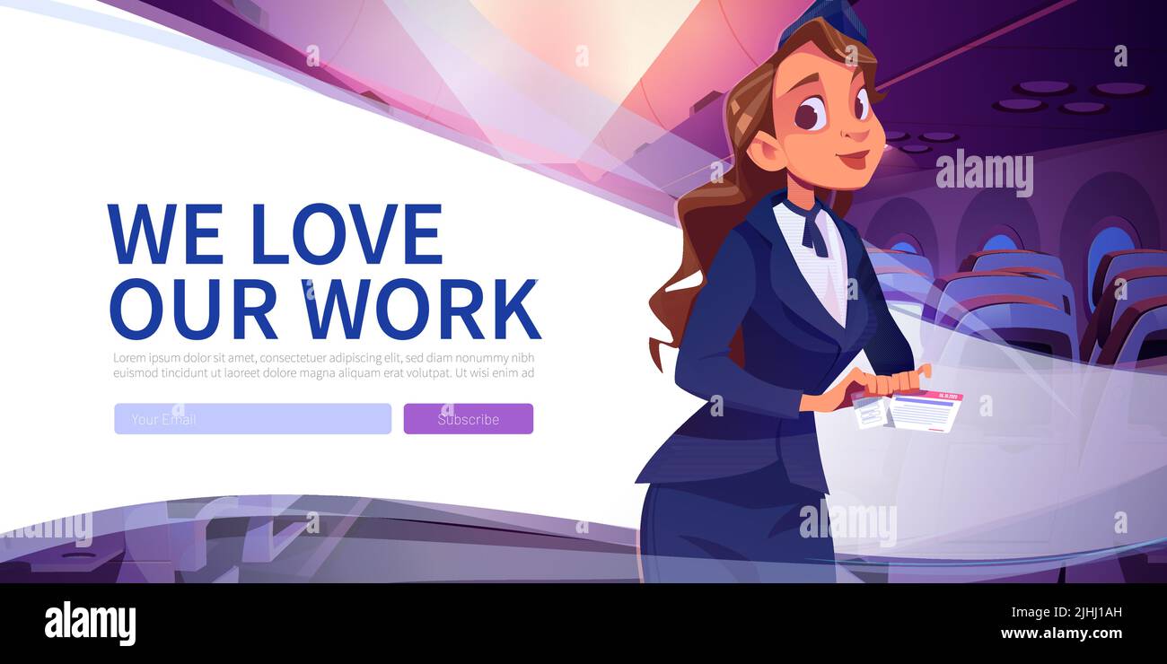 Aircraft crew work banner with stewardess inside airplane cabin. Vector ...