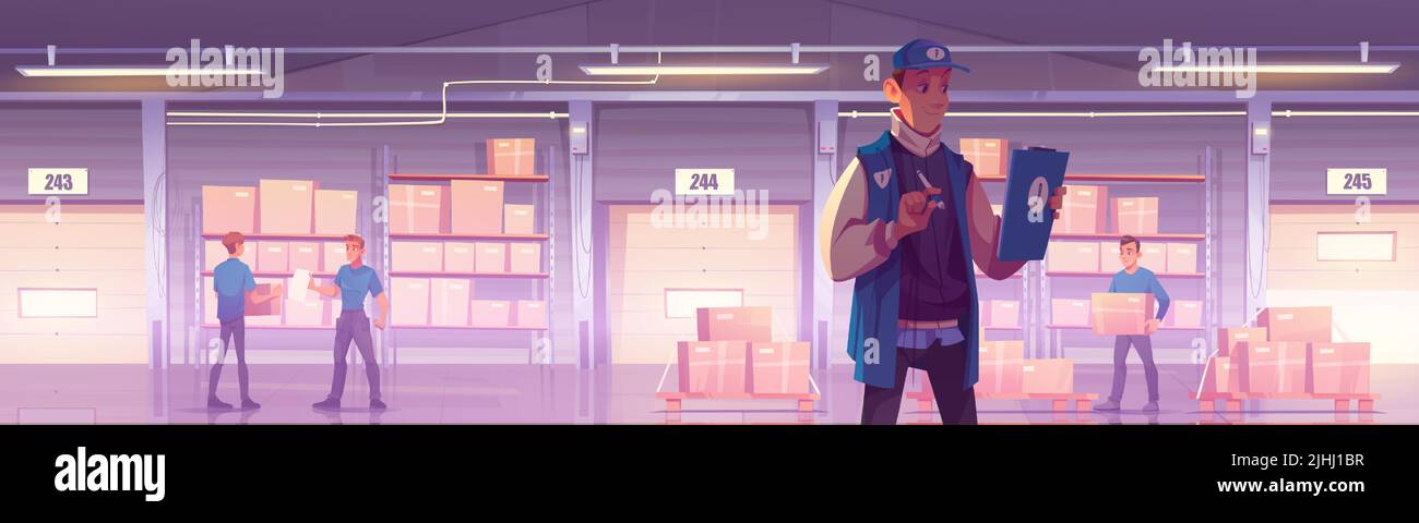 Warehouse or post office workers load boxes on racks and provider ...