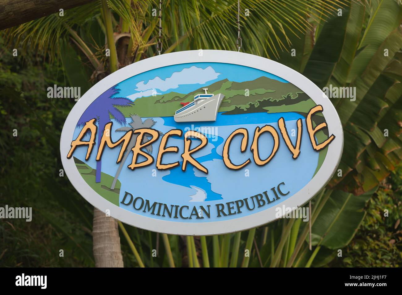 Amber Cove sign hung in cruise ship terminal complex, Dominican ...