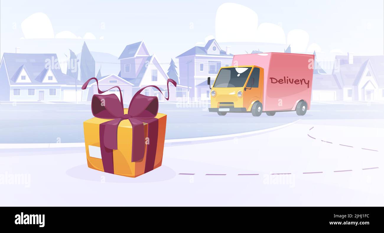 Parcel delivery service, fast shipping concept with truck driving by ...