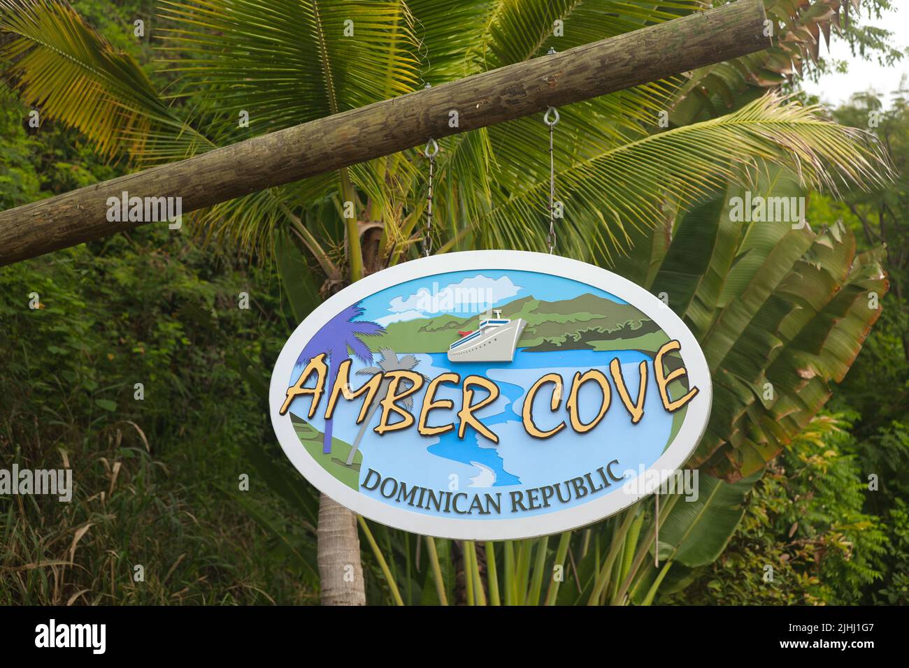 Amber Cove sign hung in cruise ship terminal complex, Dominican ...