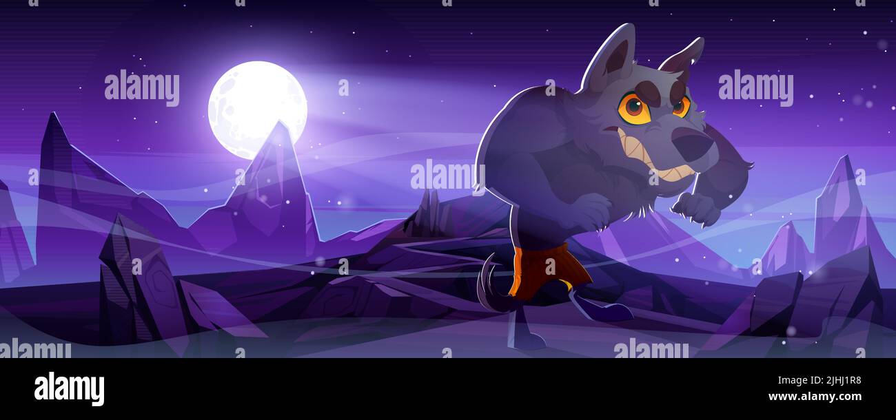 Spooky werewolf, wolf monster at night. Vector Halloween background ...