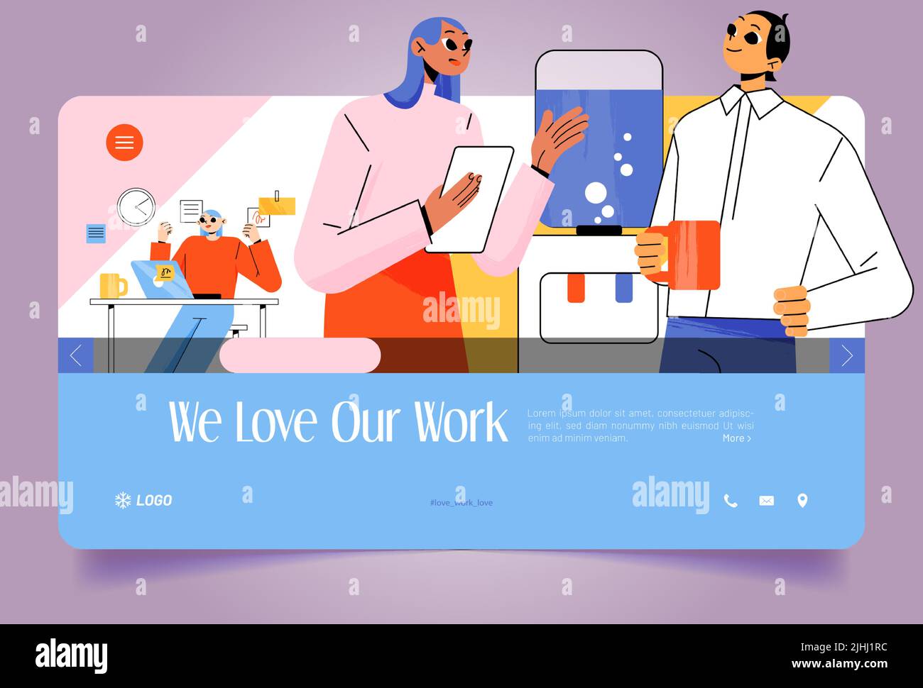 We love our work web banner. Office people talk and drink beverage at ...