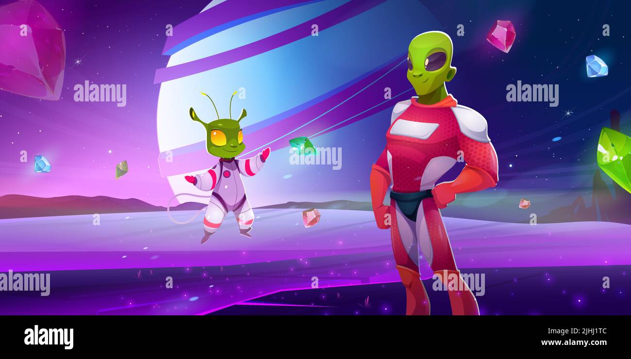 Alien characters in spacesuits on planet surface at night. Vector ...