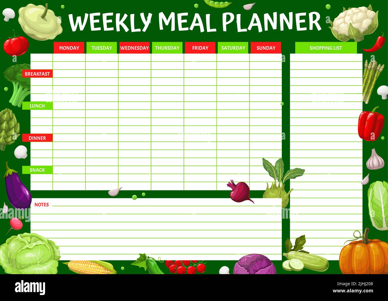 Weekly meal planner, raw ripe vegetables food plan schedule, vector ...