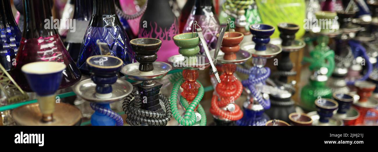 Traditional arabic shisha hookah pipes for sell on street market Stock ...