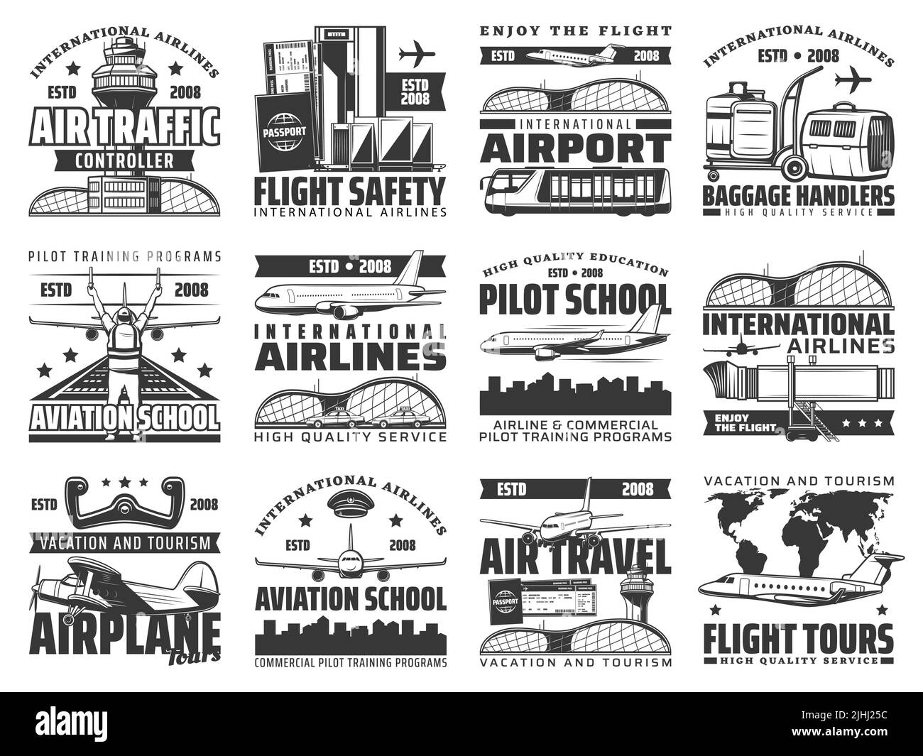 Aviation icons of airport planes and airline luggage service, flight ...