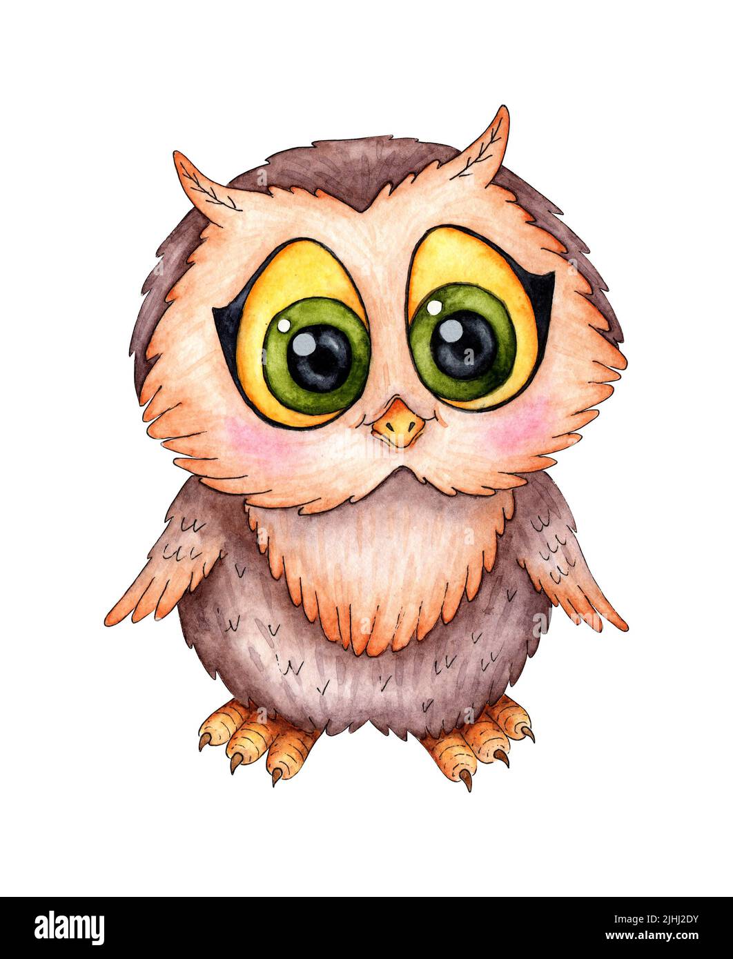 Watercolor illustration of a cartoon owlet with big yellow eyes. Smart ...