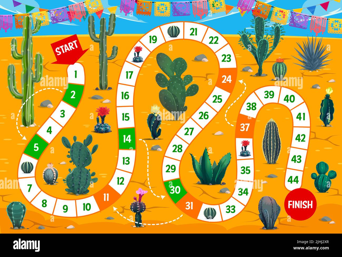 Kids step board game, mexican desert with cactuses. Vector roll and ...