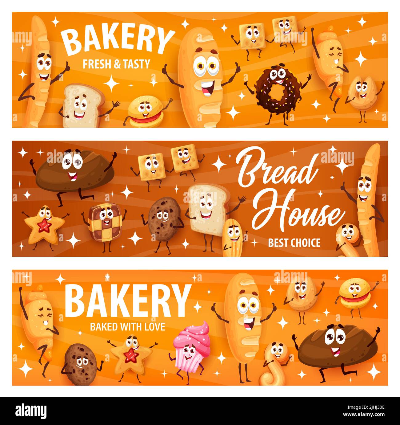 Cartoon bread, bakery and confectionery characters. Vector banners with ...
