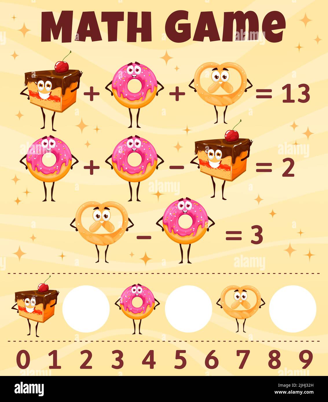 Cartoon desserts and bakery characters math game worksheet, vector ...