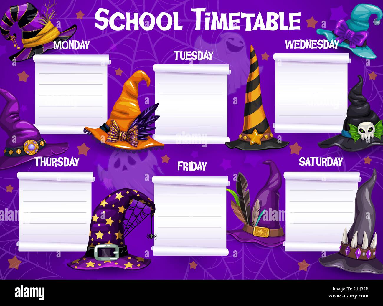 Halloween education timetable schedule, cobweb, ghosts witch and wizard ...