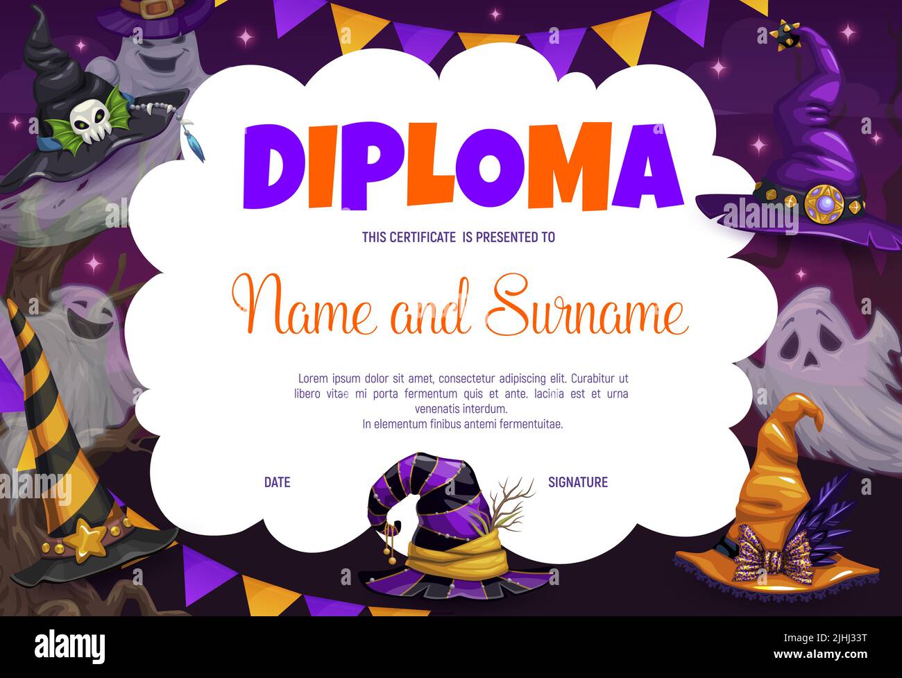 Halloween kids diploma, ghosts, witch and wizard hats, vector education ...