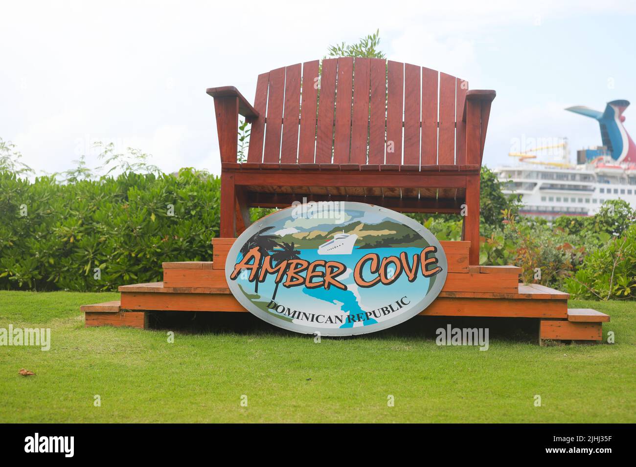 Amber Cove sign hung in cruise ship terminal complex, Dominican ...