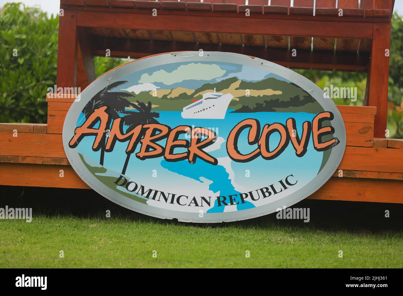 Amber Cove sign hung in cruise ship terminal complex, Dominican ...