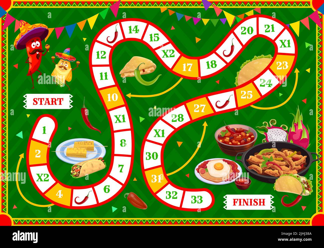 Kids board game, Mexican food characters vector tabletop or step puzzle ...