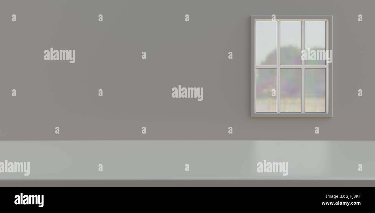 Office window at edge of an empty gray wall background. Blur tree ...
