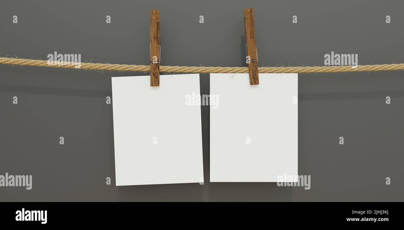 Paper card hang on rope with wooden clothespin. Blank memo note ...