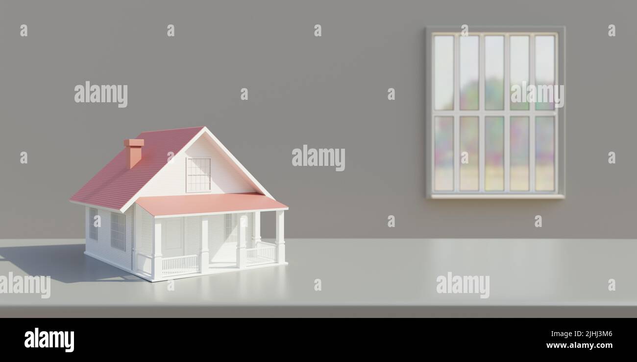 House model with red tiled roof, glass window on a gray wall. Real ...